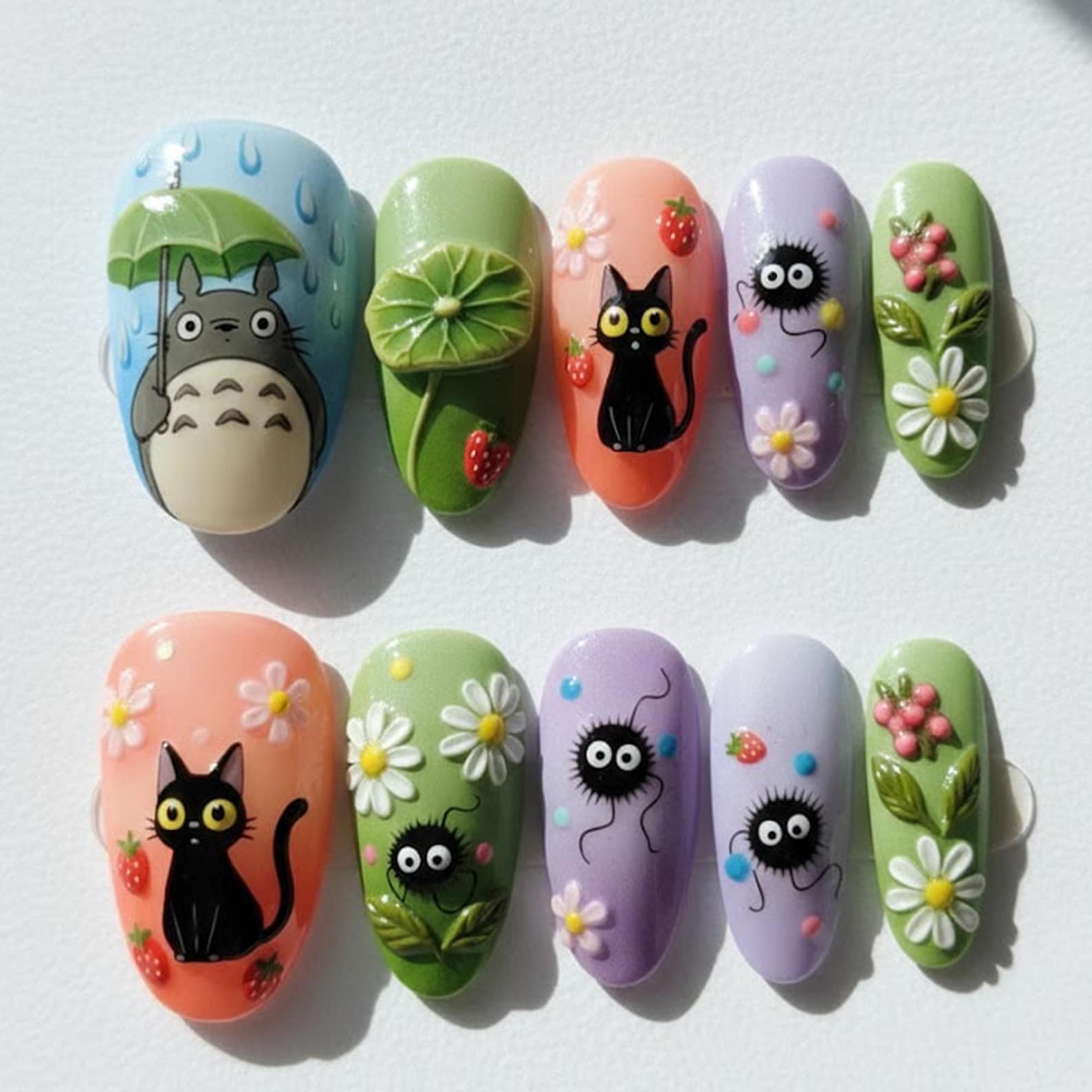 Cute Anime Press on Nails / Totoro Cat Soot Sprite Nails / Pastel ...