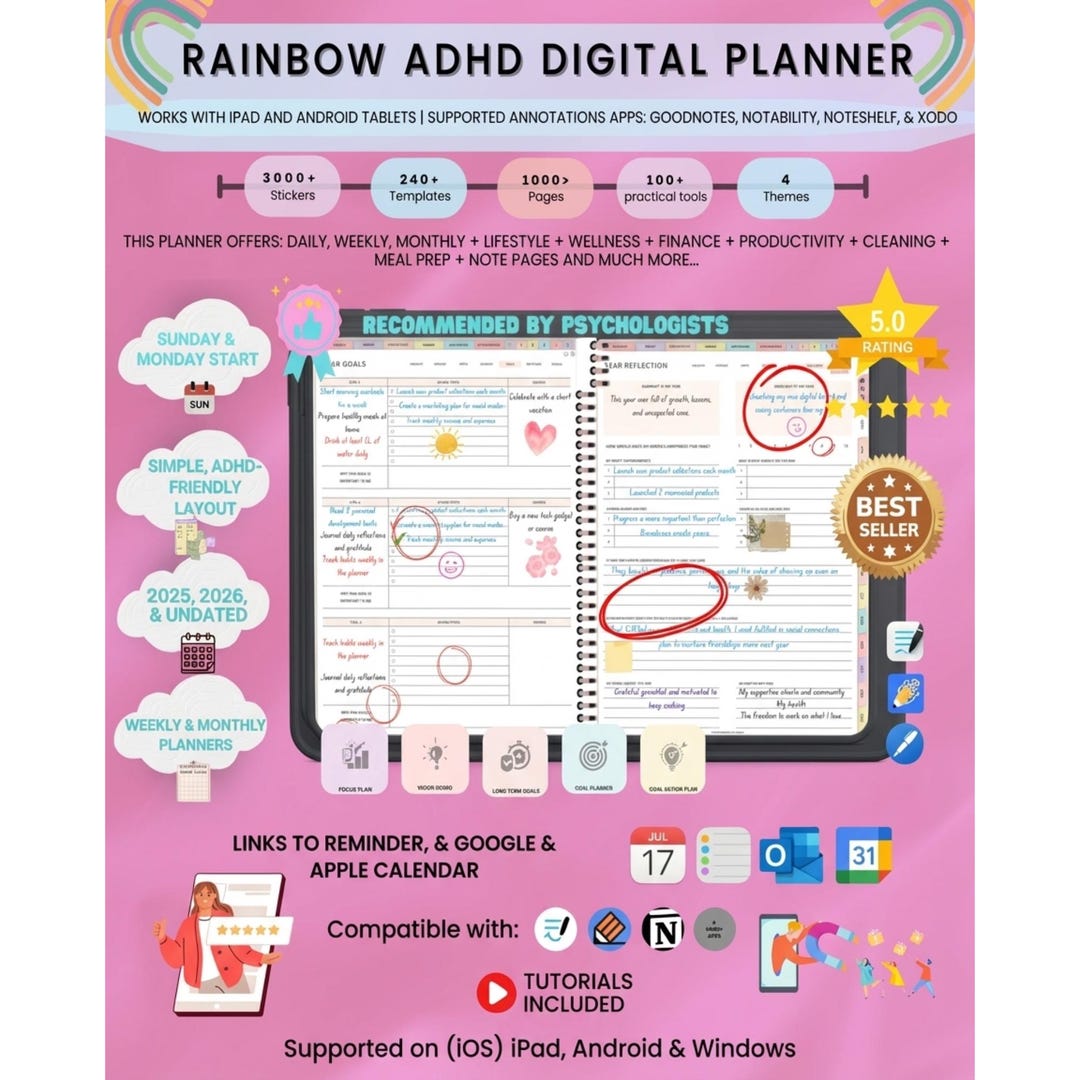 ADHD Digital Planner, Rainbow ADHD Planner 2026/2027, Goodnotes Planner ...