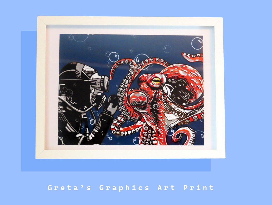 Octopus and Diver, Art Print, Framed Picture, Posca Marker Art, Marine ...