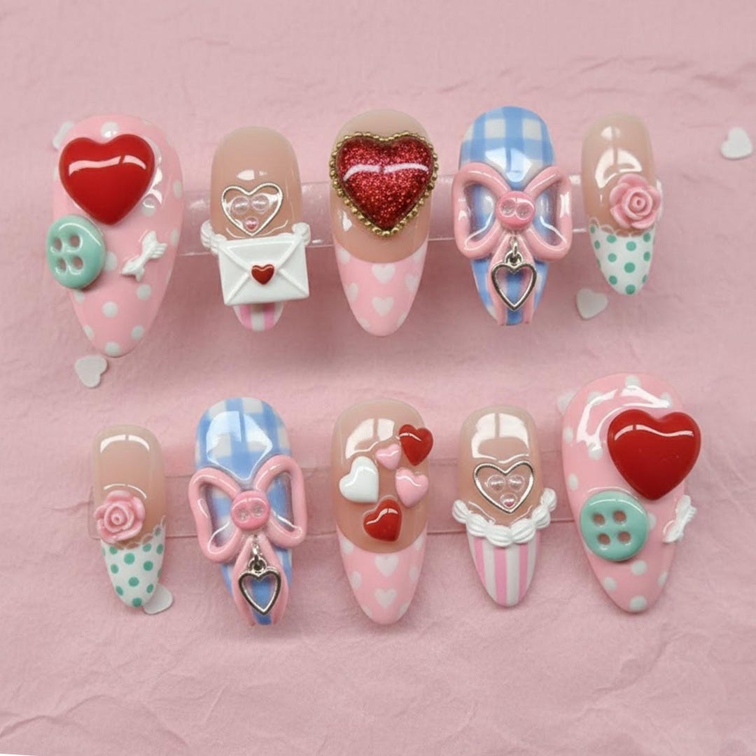 Handmade Coquette Button & Blue Gingham Bow Press on Nails | 3D Red ...