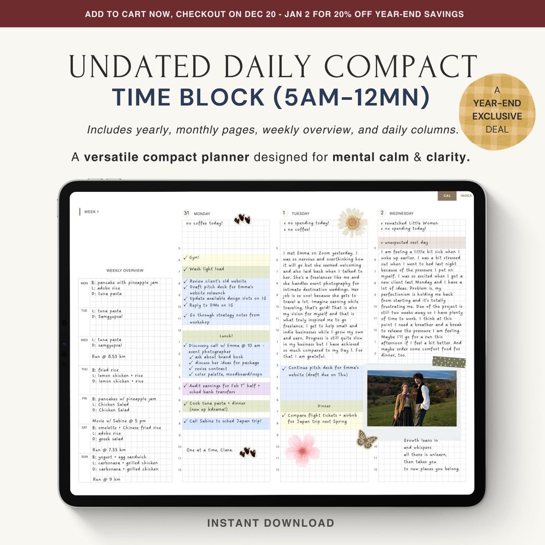 Undated Daily Time Block Planner - Compact PDF Planner Landscape for ...