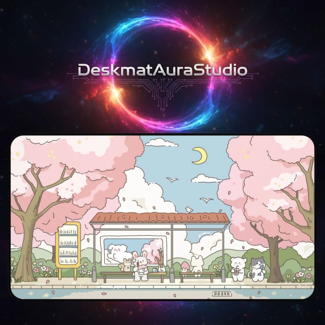 Cherry Blossom Bus Stop Desk Mat | Kawaii Pastel Office Decor - Etsy