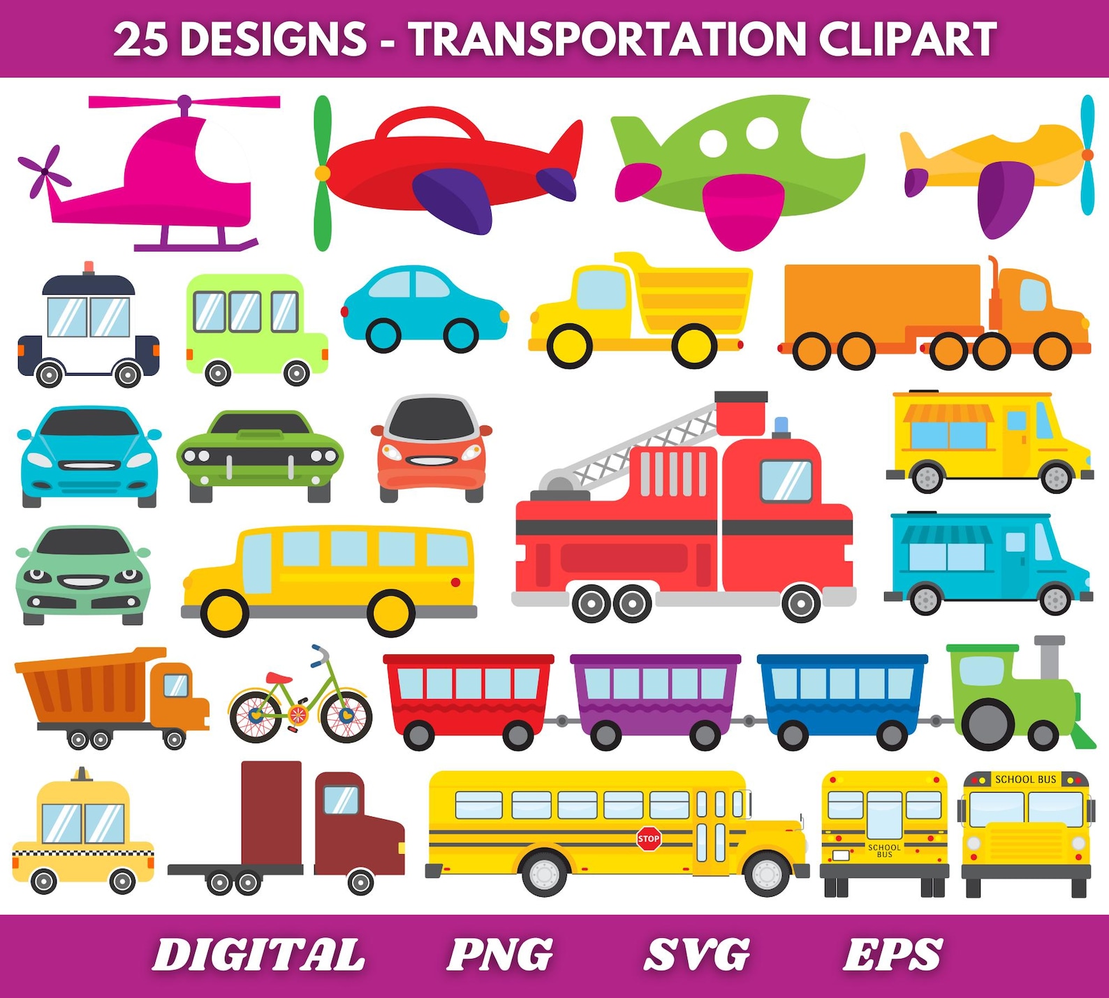 25 Transportation Clipart Bundle | Cars, Trucks, Buses, Planes, Trains ...