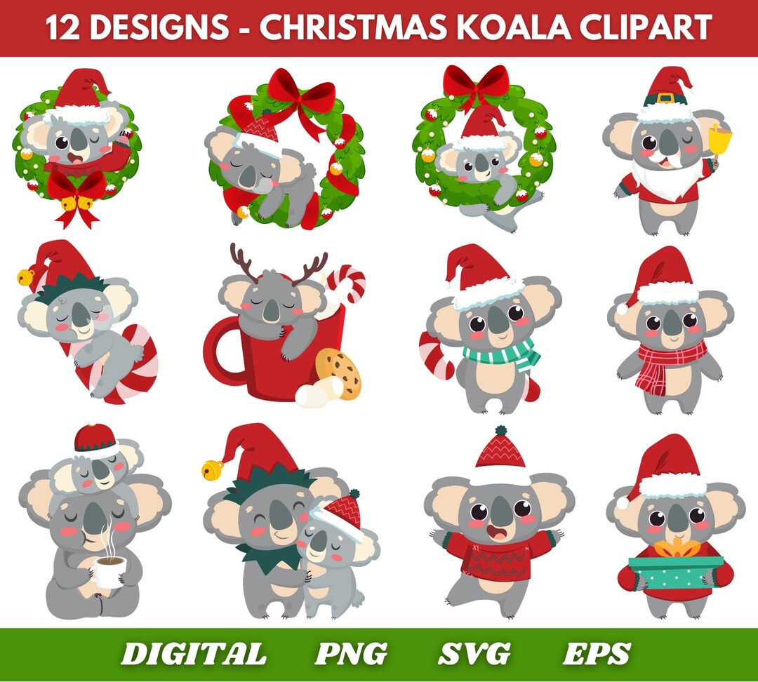 Christmas Koala Clipart, Cute Koala Clipart, Santa Koala SVG, Cute ...