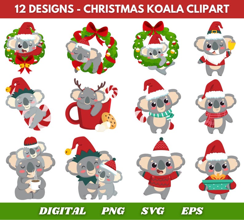 Christmas Koala Clipart, Cute Koala Clipart, Santa Koala SVG, Cute ...