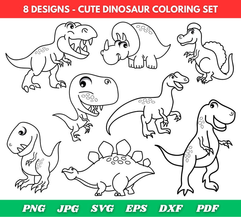 8 Dinosaur Clipart Set | Cute Dinosaur Coloring Pages | Kids Dinosaur ...