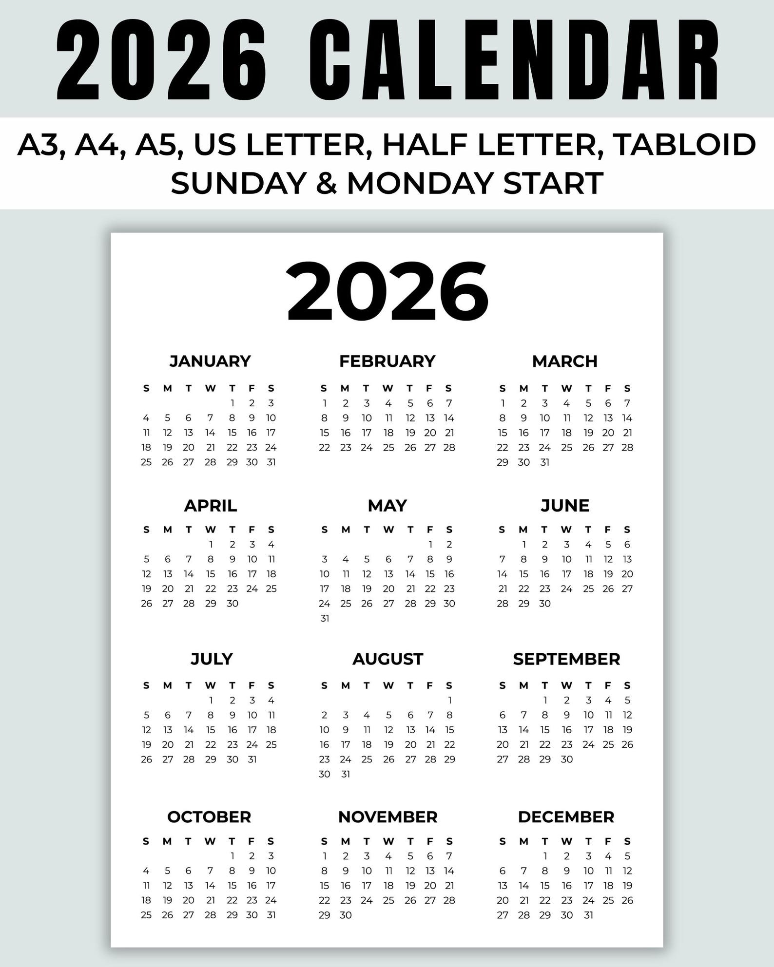 2026 Year at a Glance Calendar Printable | Full Year One Page | A4, A3 ...
