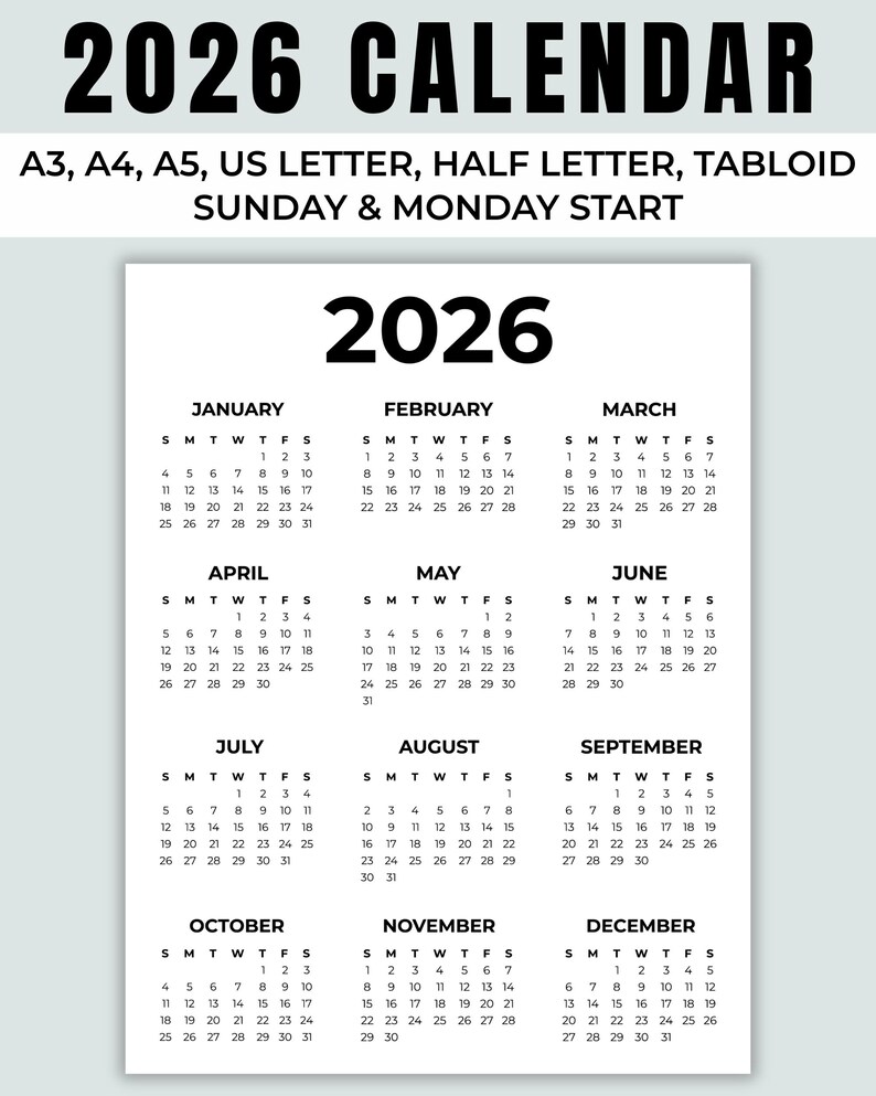 2026 Year at a Glance Calendar Printable | Full Year One Page | A4, A3 ...