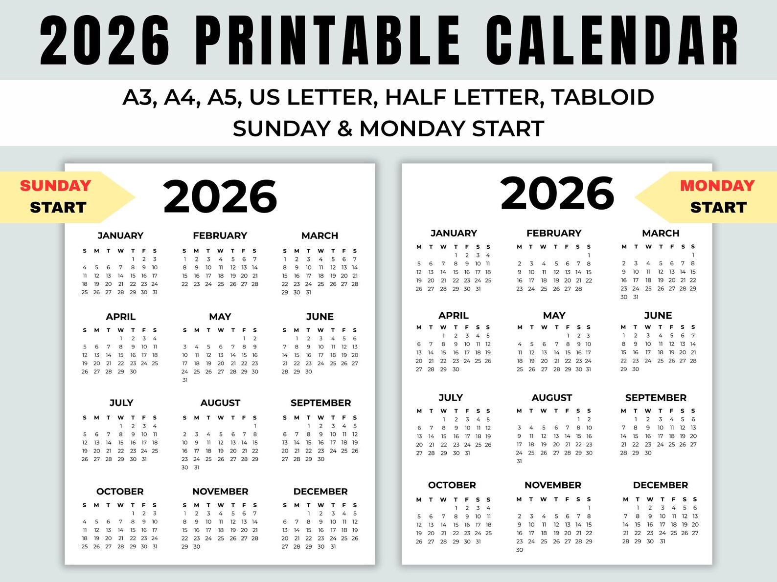 2026 Year at a Glance Calendar Printable | Full Year One Page | A4, A3 ...