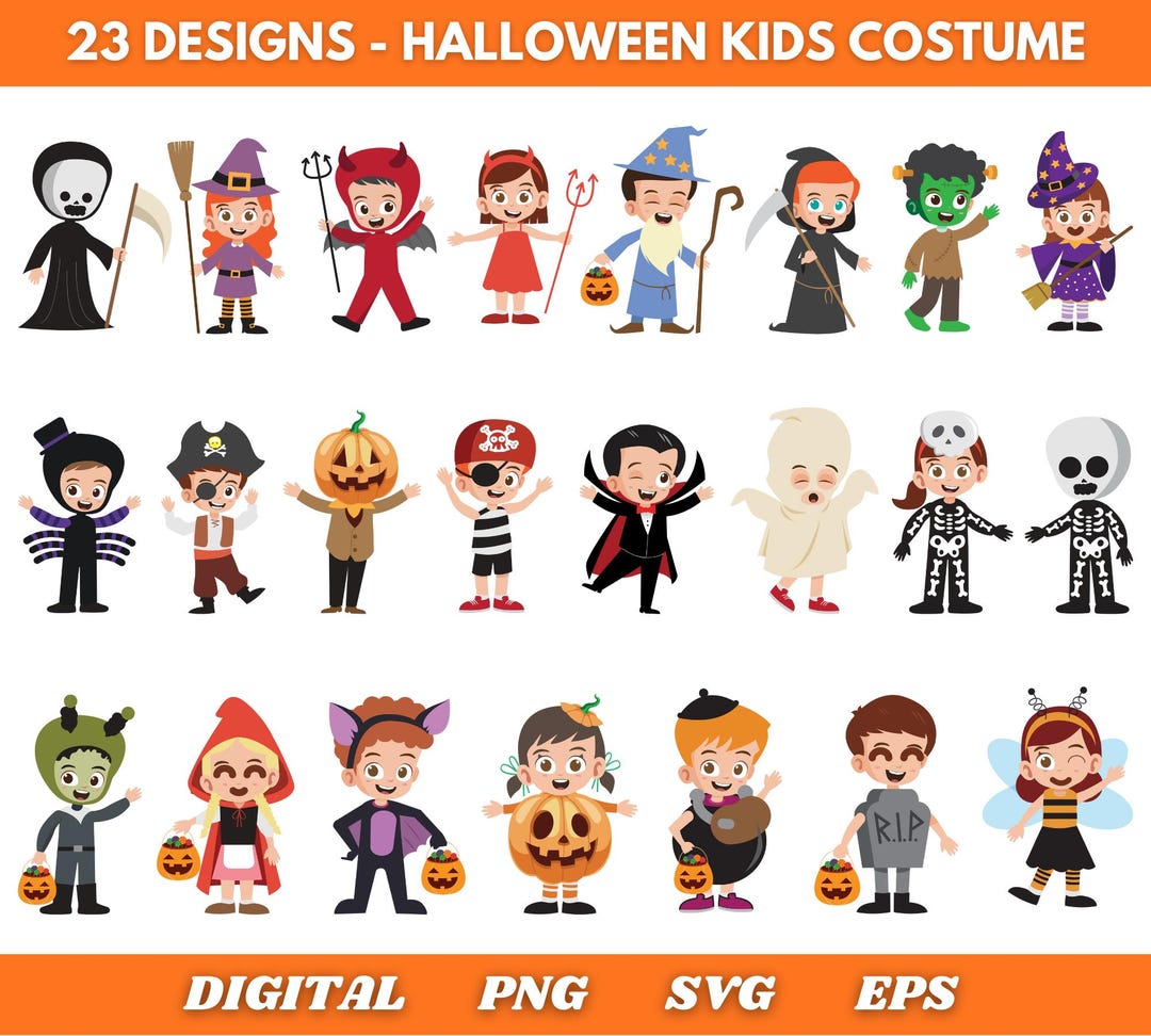 23 Halloween Kids Costume Clipart Bundle | Cute Trick or Treat SVG PNG ...
