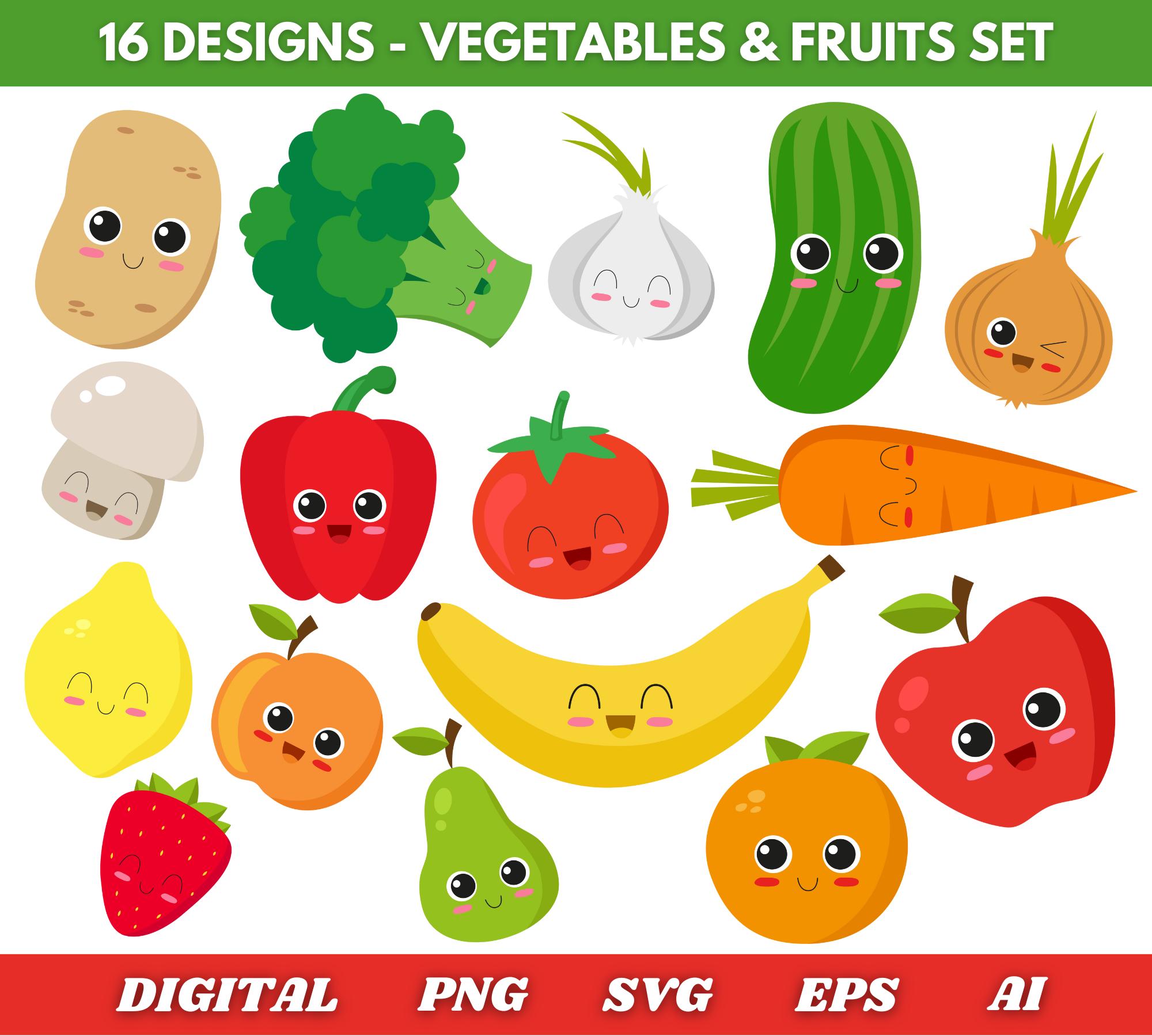 Cute Kawaii Fruits and Vegetables Clipart | 16 Digital PNG SVG EPS Ai ...