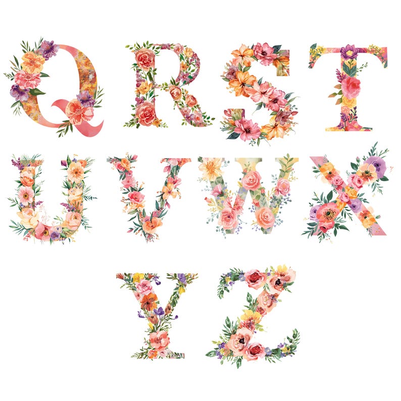 Floral Alphabets & Numbers Clipart | 37 Pngs 300 DPI | Floral Letters ...