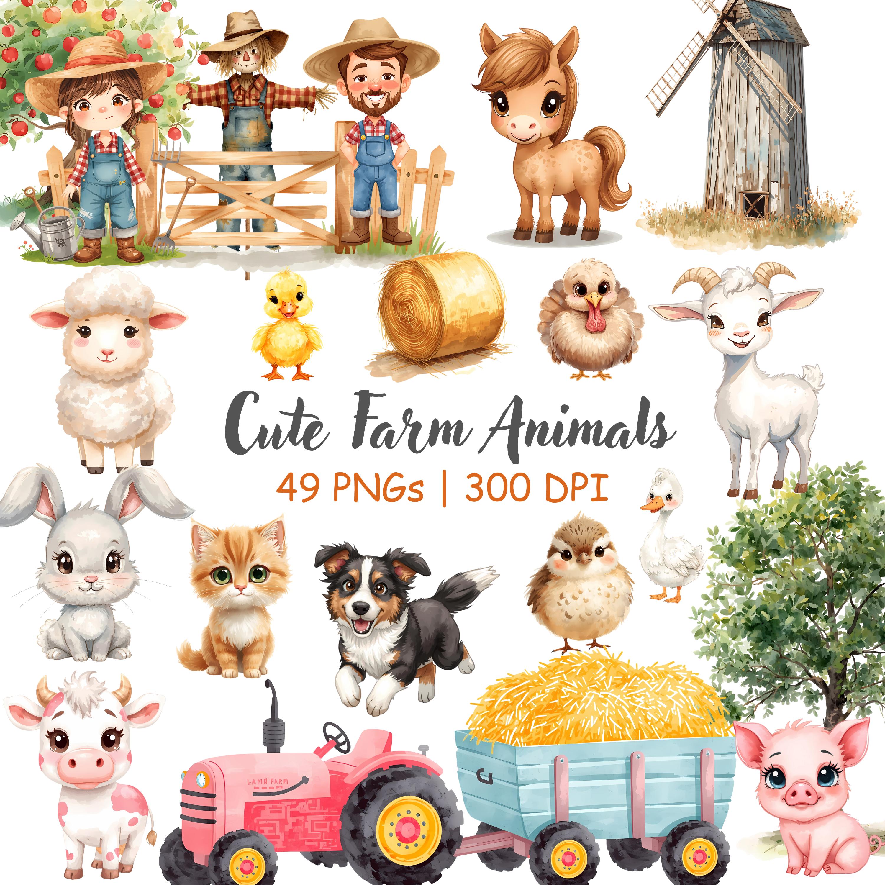 Cute Farm Animals Clipart | 49 PNG | Baby Farm Animals | Watercolor ...