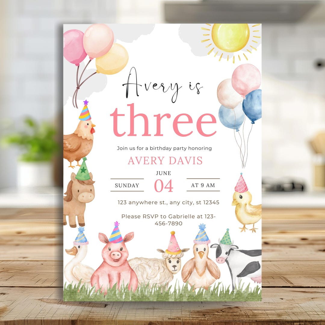 Farm Animal Birthday Invitation | Watercolor Party Invite (printable ...