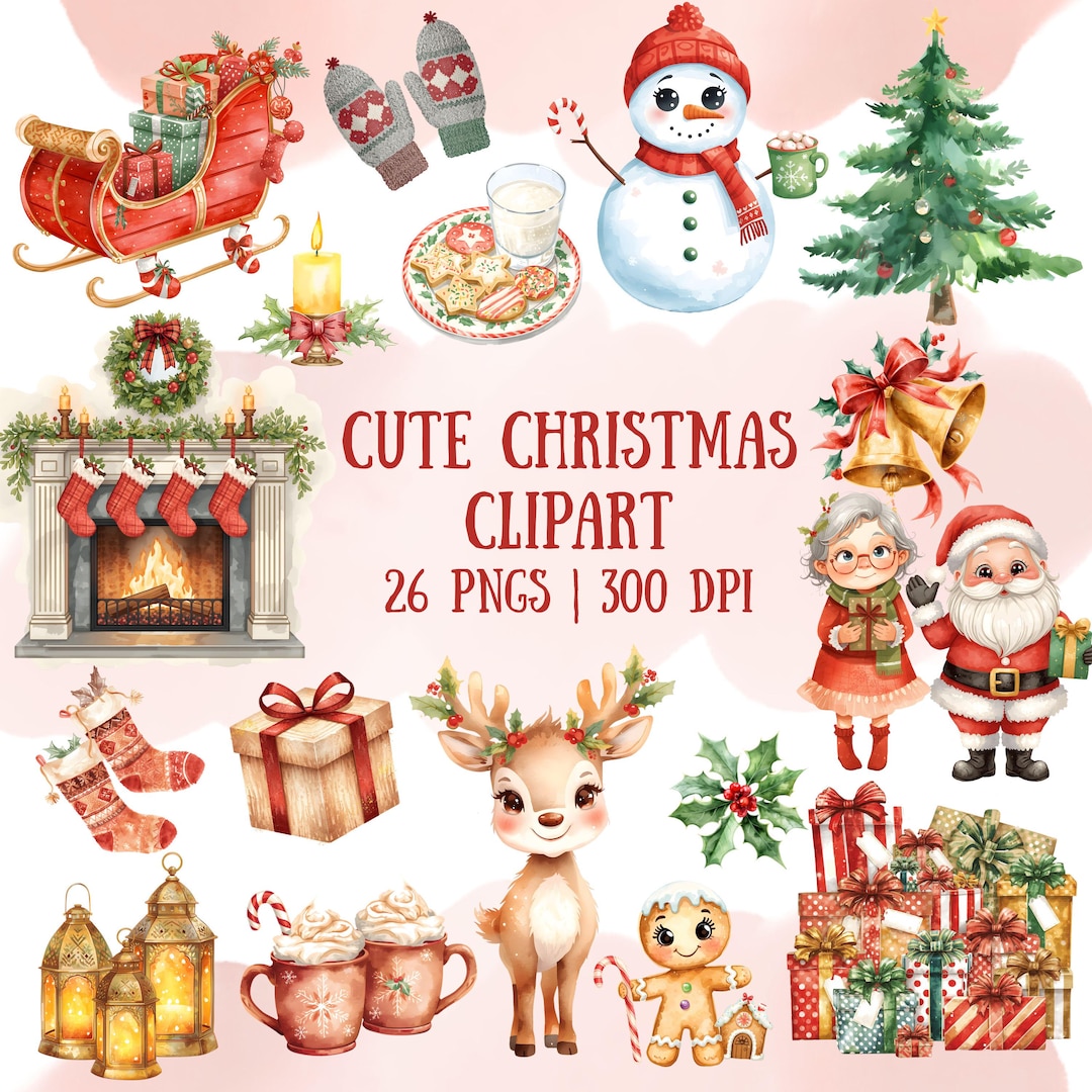 Watercolor Christmas Clipart PNG Bundle, Winter Holiday Graphics ...