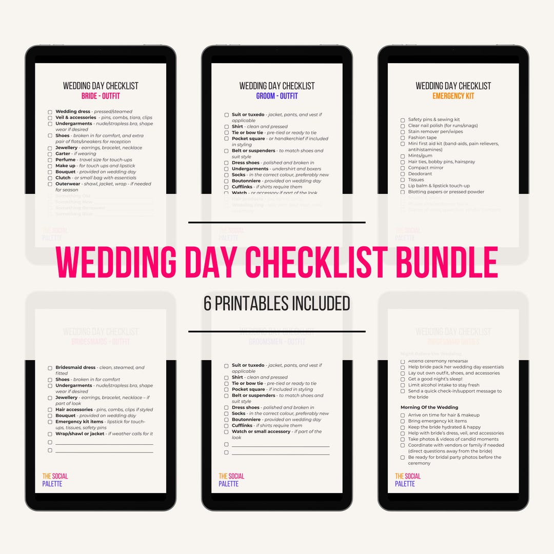 Wedding Day Checklist Bundle: Bride, Groom, Bridesmaid Checklists ...