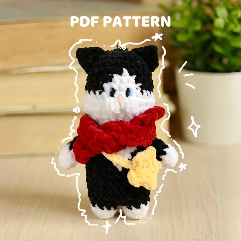 Tuxedo Cat Crochet Pattern PDF, Amigurumi Cat With Scarf & Star Bag ...