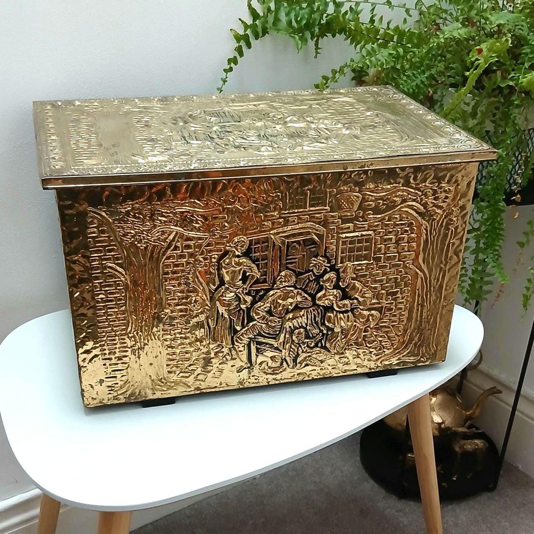 Antique Wooden Coal Box Embossed Brass Fireside Coal Tinder Box English ...