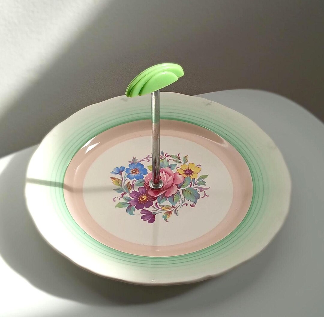 Vintage English Midwinter Floral Rose Cake Stand Pink Mint Green Single ...