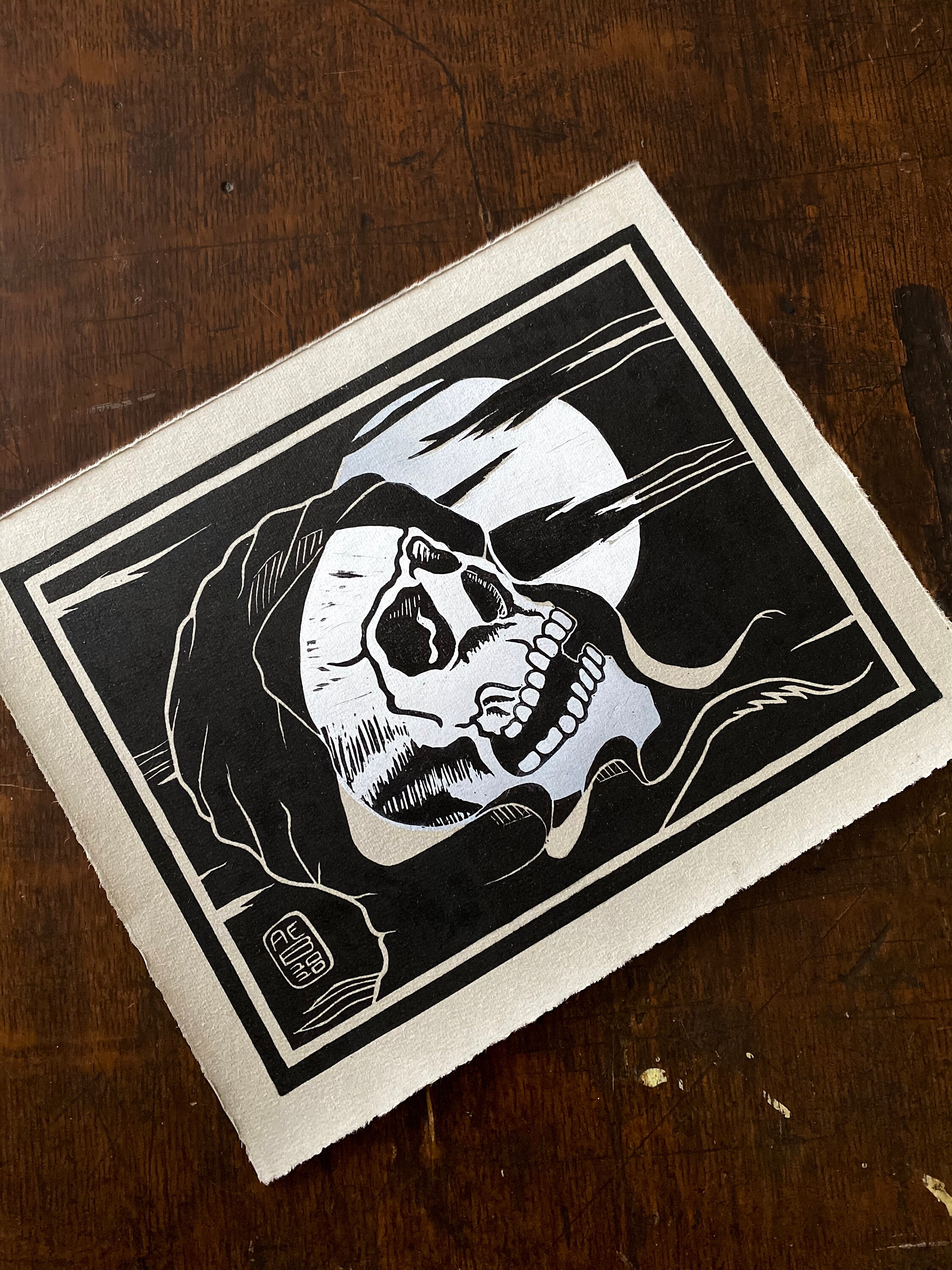 Grim Reaper Skull Shrouded Skull Block Print 9 X 11 in | Etsy