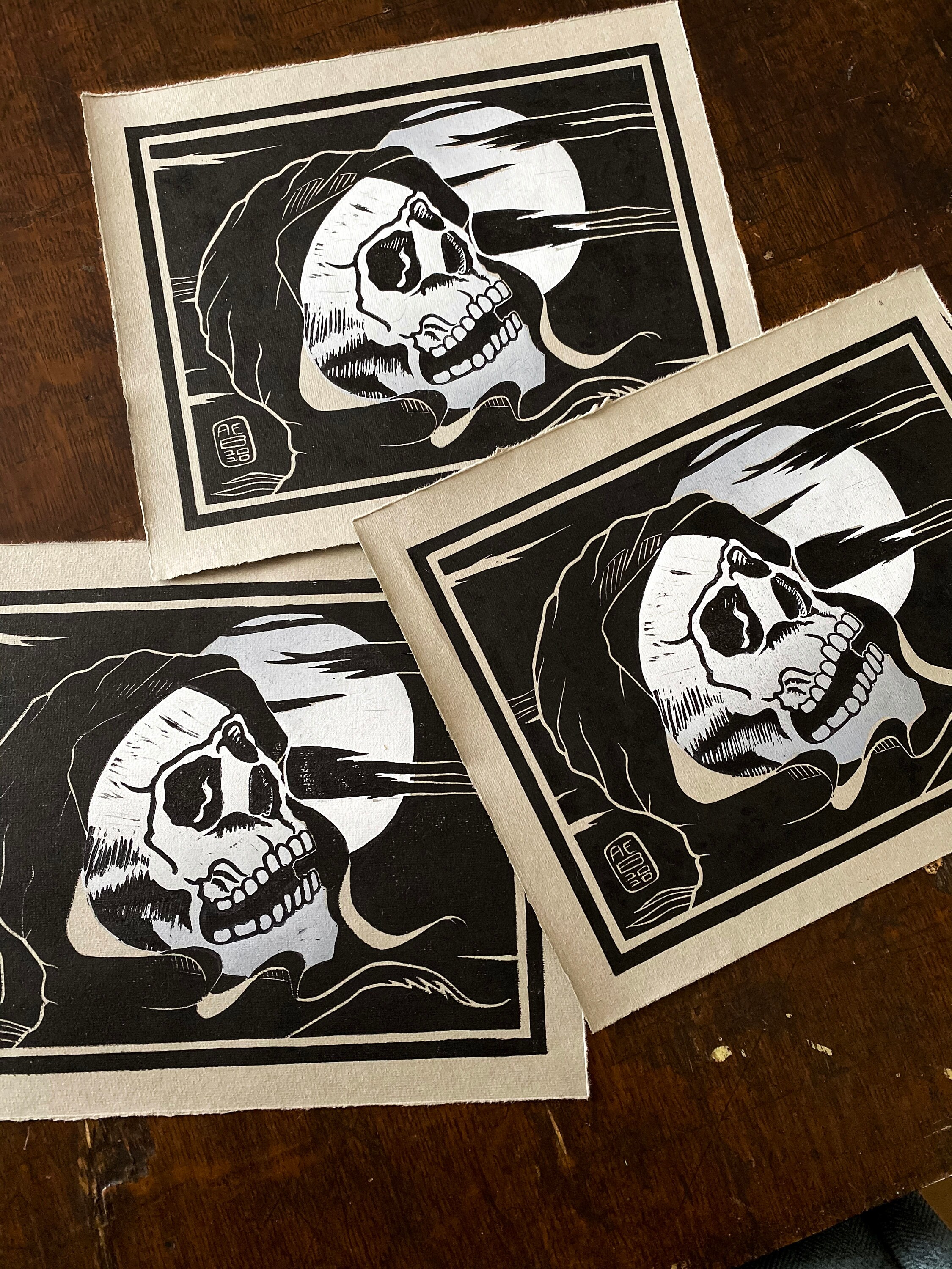 Grim Reaper Skull Shrouded Skull Block Print 9 X 11 in | Etsy