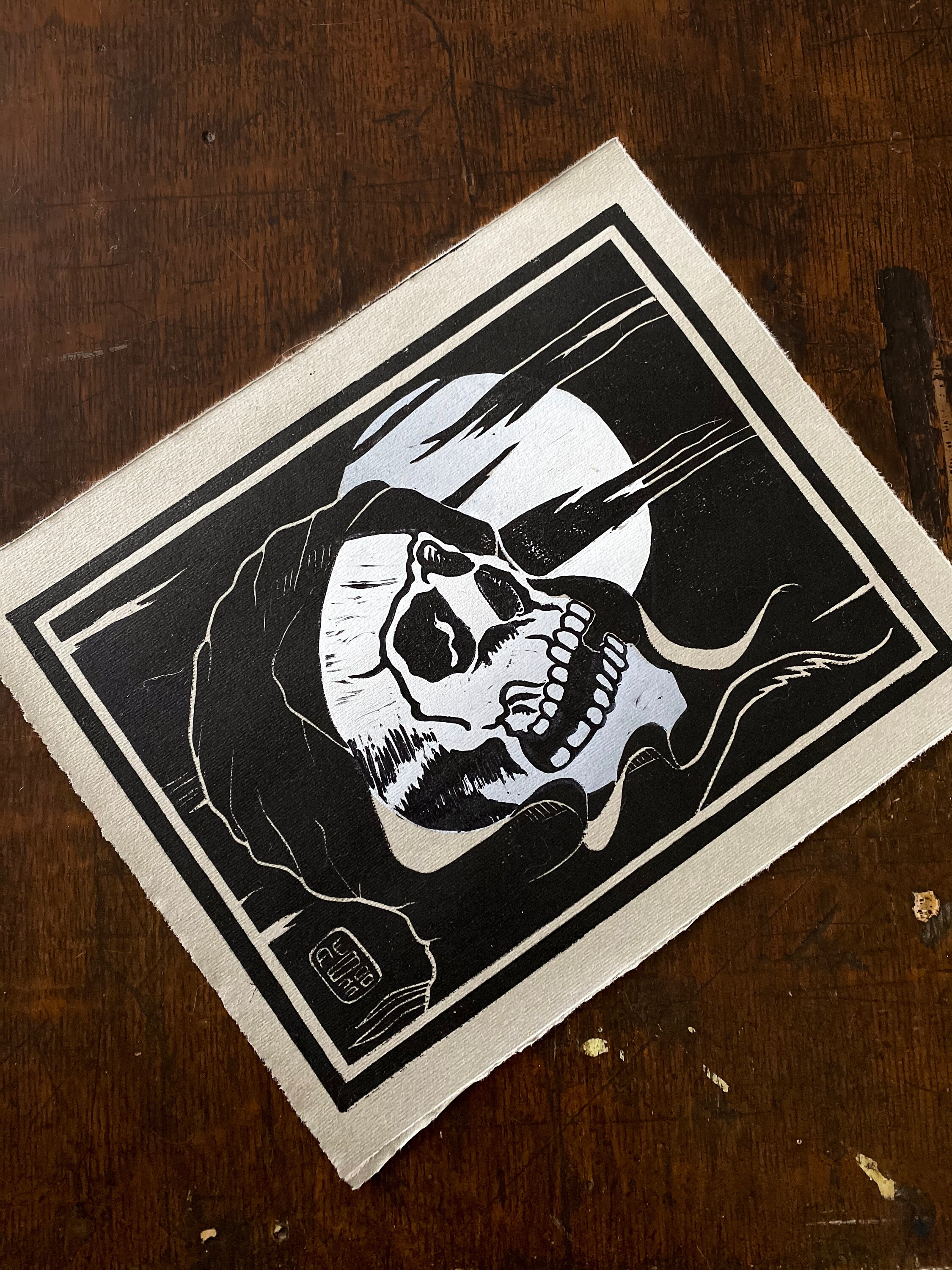 Grim Reaper Skull Shrouded Skull Block Print 9 X 11 in | Etsy