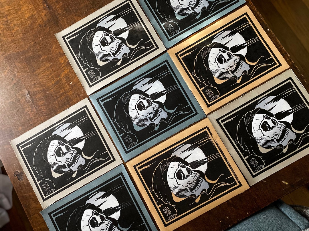 Grim Reaper Skull Shrouded Skull Block Print 9 X 11 in Unframed Slate ...
