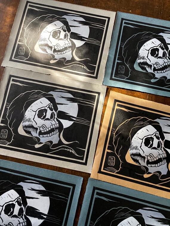 Grim Reaper Skull Shrouded Skull Block Print 9 X 11 in | Etsy