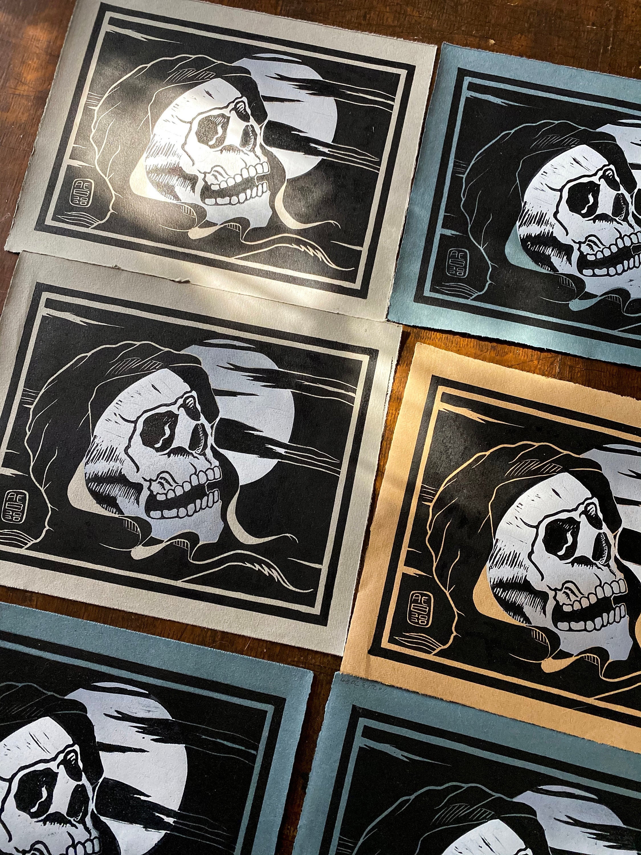 Grim Reaper Skull Shrouded Skull Block Print 9 X 11 in | Etsy