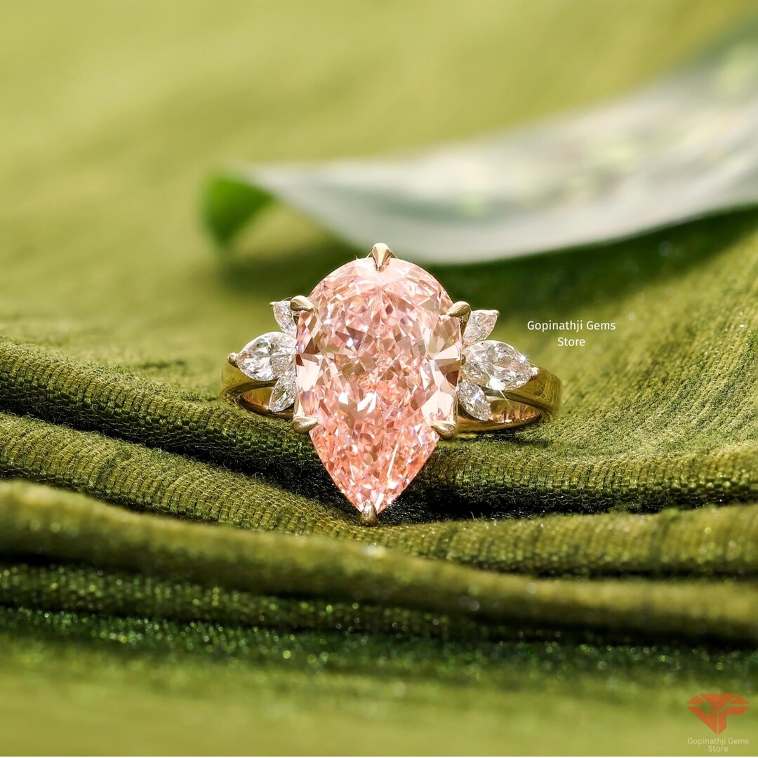 Pear Cut Lab Grown Pink Diamond Engagement Ring | Marquise Side Stones ...