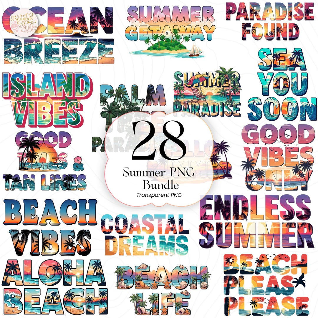 Summer PNG Bundle Clipart, Retro Cute Beach Tropical Vacation Design ...