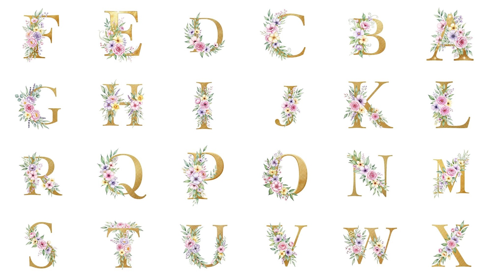 Floral Gold Alphabet PNG Clipart A-Z, Elegant Flower Letters, Wedding ...