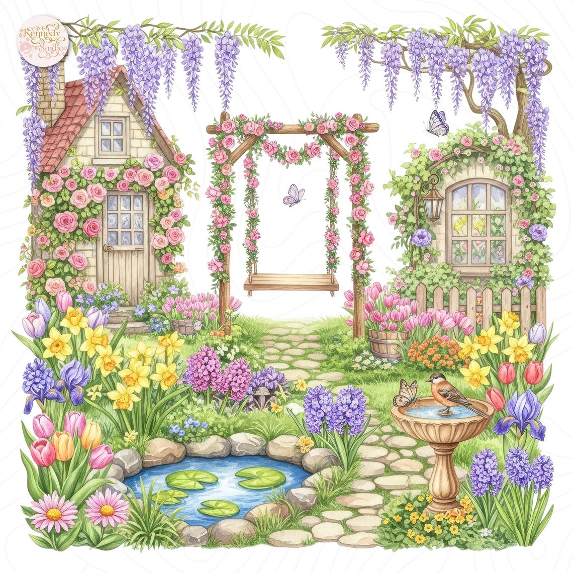 Watercolor Spring Garden Clipart PNG, Floral Meadow Bundle, Cottagecore ...