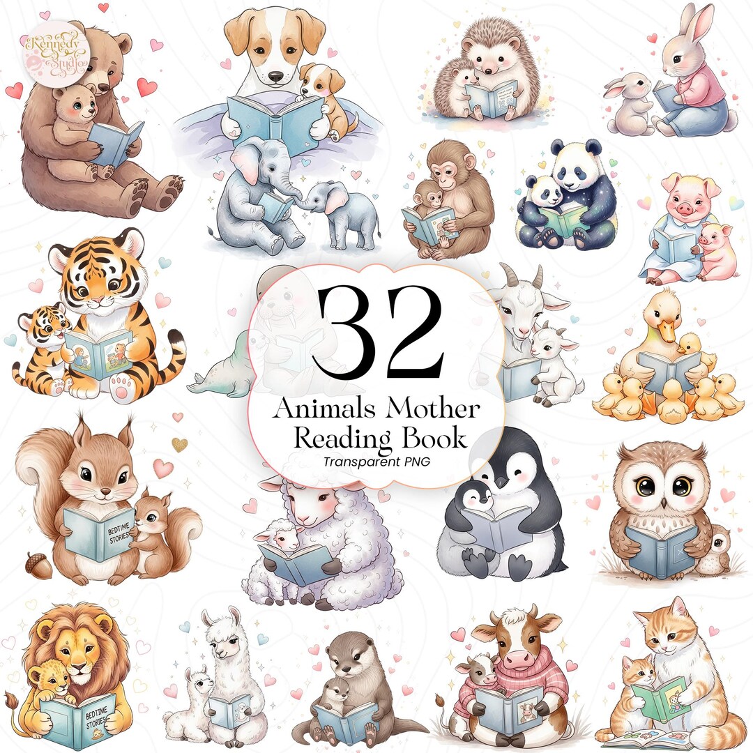 Animal Reading Clipart PNG, Cute Mother and Baby Animals Story Time ...