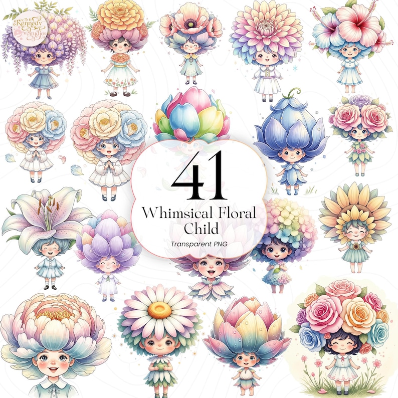 Whimsical Floral Child PNG Clipart, Boho Cute Flower Illustration ...