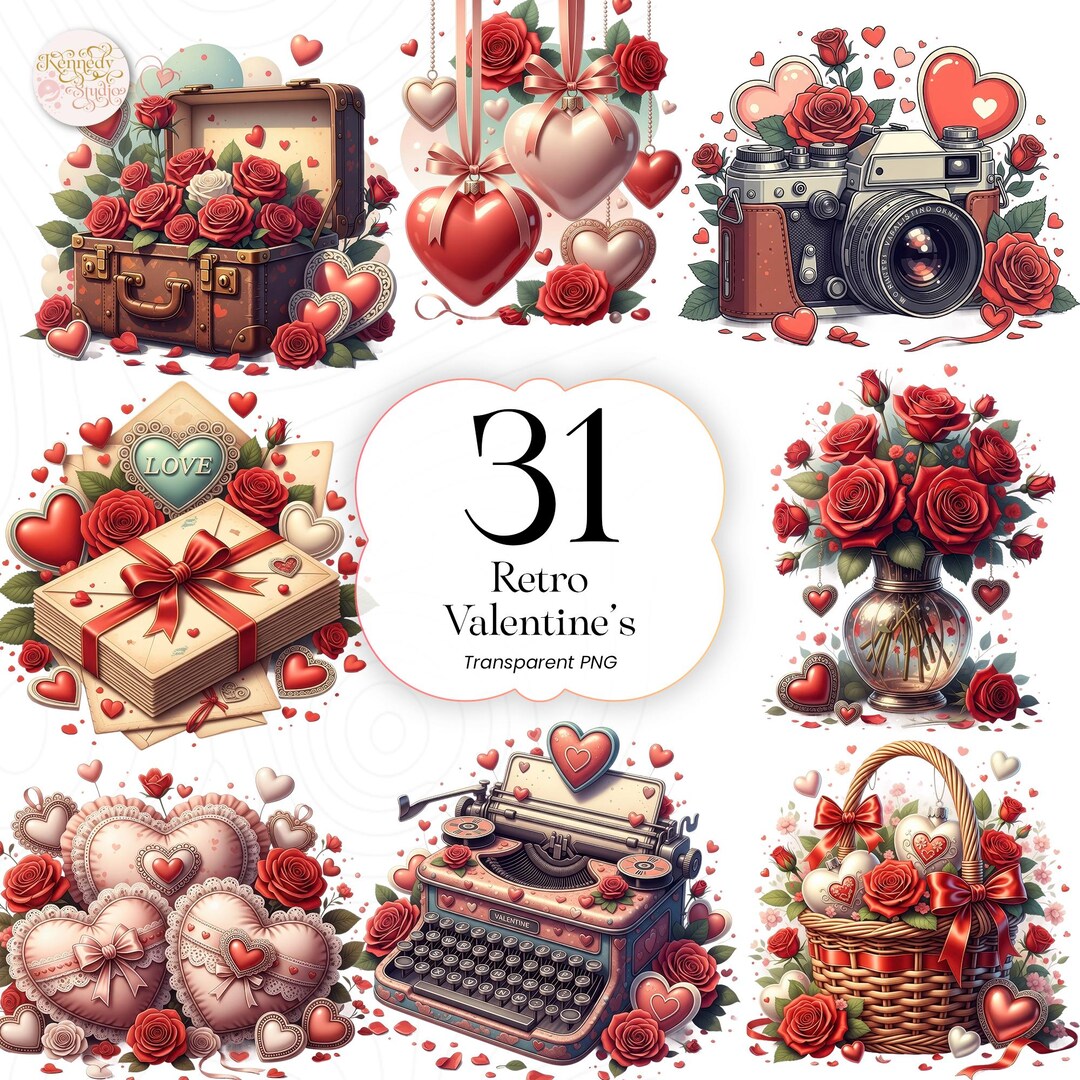 Retro Valentine PNG Clipart Vintage Love Hearts Illustration for ...