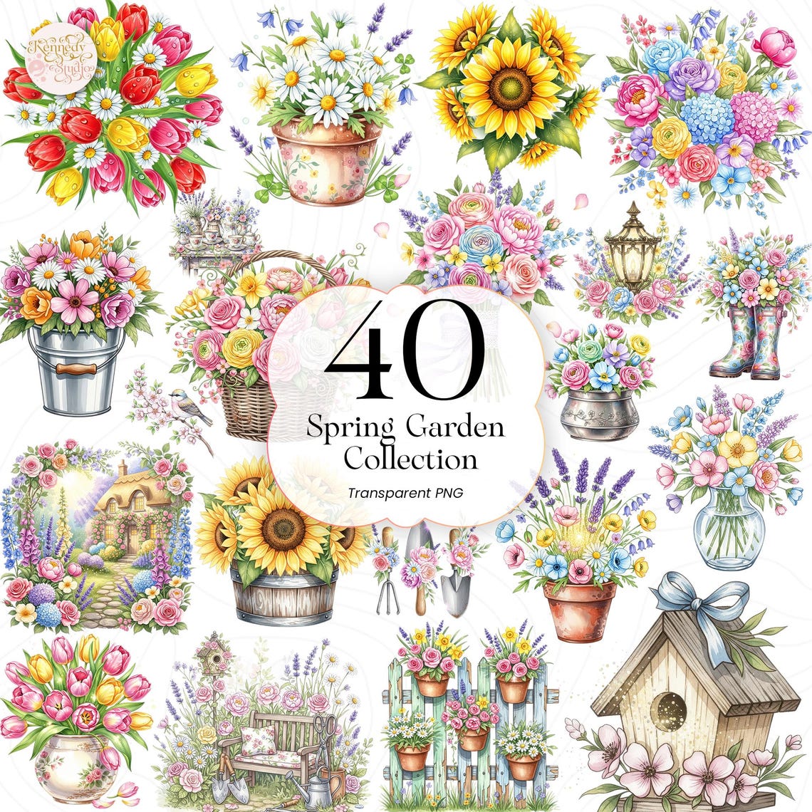 Watercolor Spring Garden Clipart PNG, Floral Meadow Bundle, Cottagecore ...