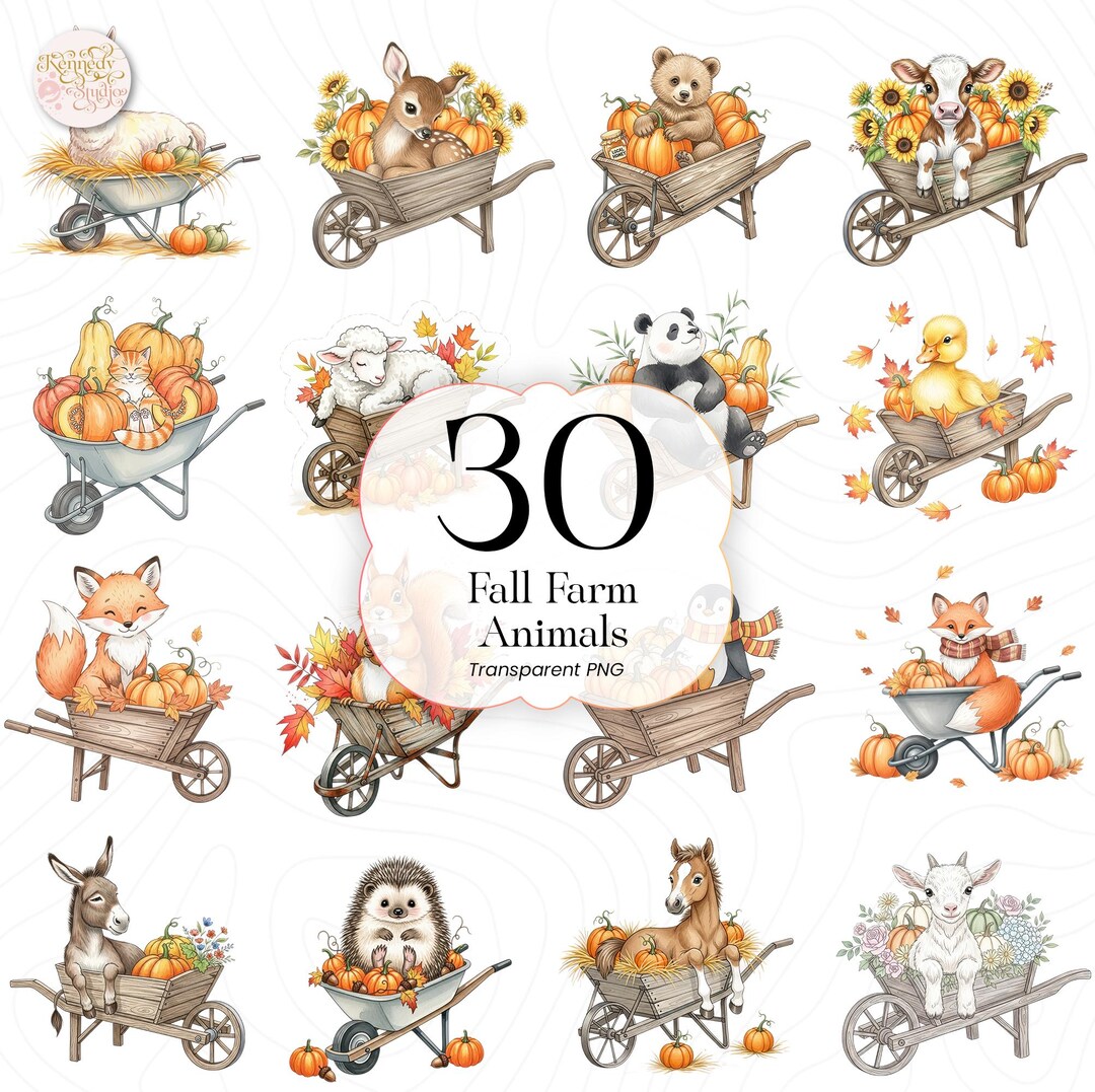 Fall Farm Animals PNG Clipart Bundle, Cute Watercolor Cow Pig Chicken ...