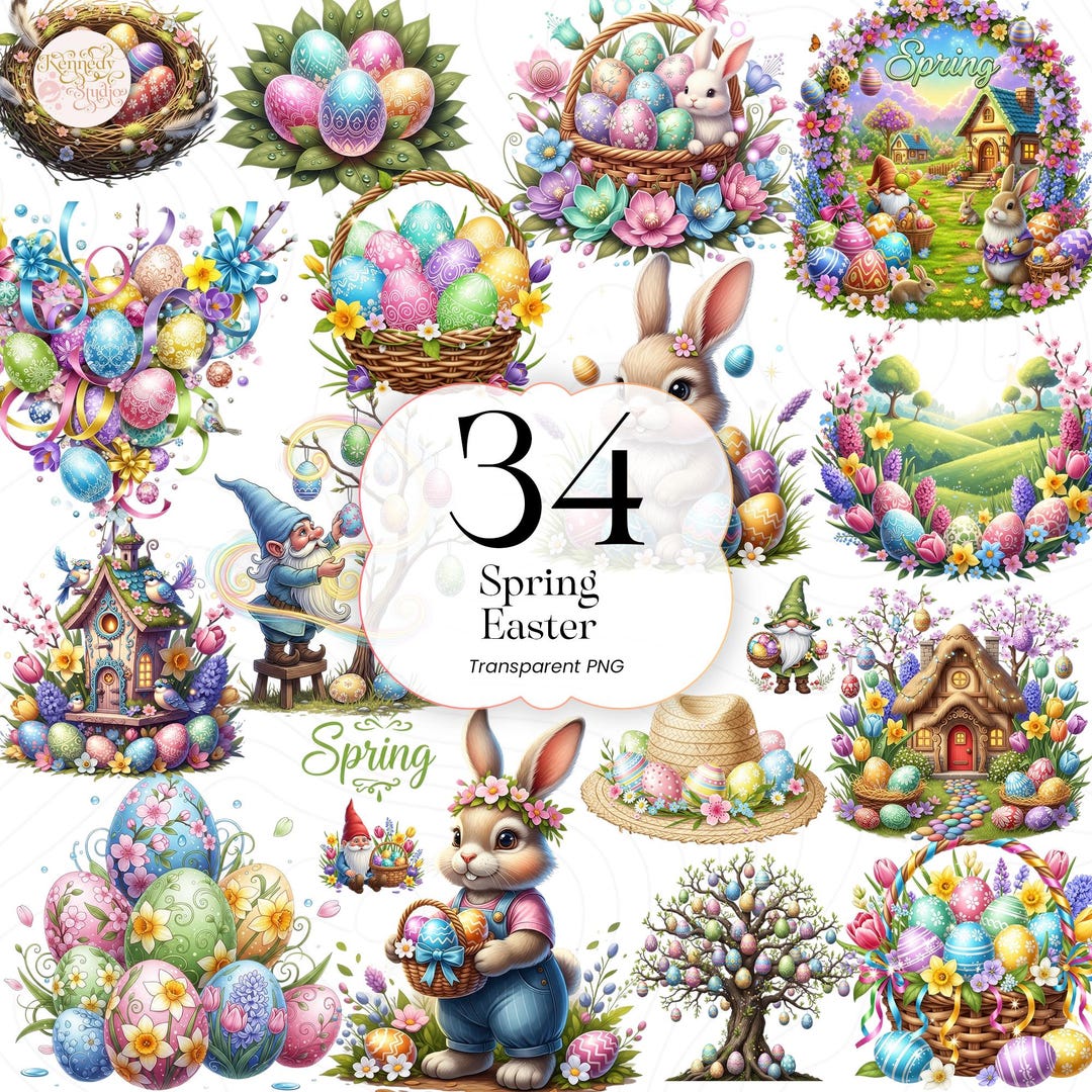Spring Easter PNG Clipart Bundle Cute Bunny & Eggs Spring Holiday for ...