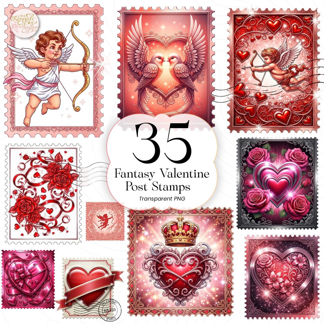 Fantasy Valentine Postage Stamps PNG Clipart – Whimsical Love Mail Art ...