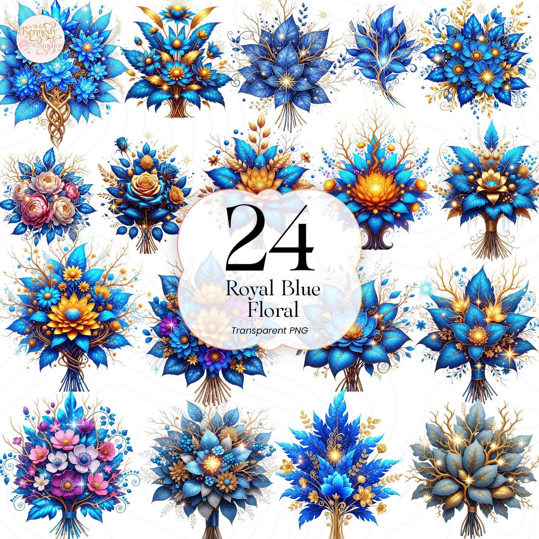 Royal Blue Floral Clipart PNG, Watercolor Gold Navy Flowers, Wedding ...