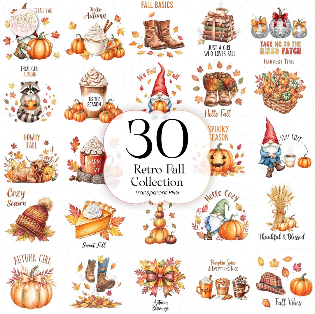 Retro Fall Clipart Bundle PNG, Groovy Vintage Autumn Sublimation Design ...