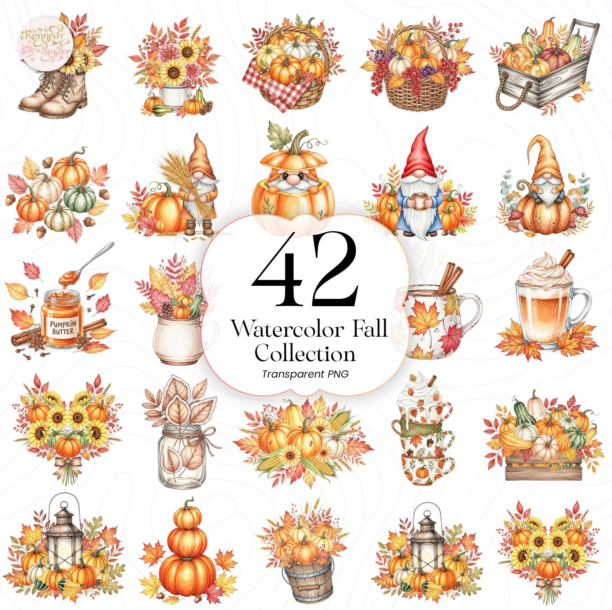 Watercolor Fall Clipart Bundle PNG Autumn Leaves Pumpkin Floral Cozy ...