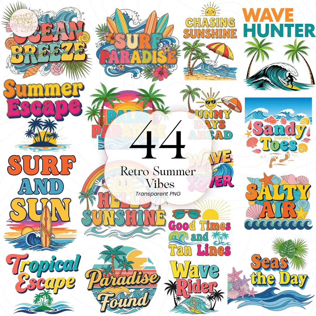Retro Summer Vibes PNG Bundle, Groovy Beach Sunset Clipart for T Shirt ...