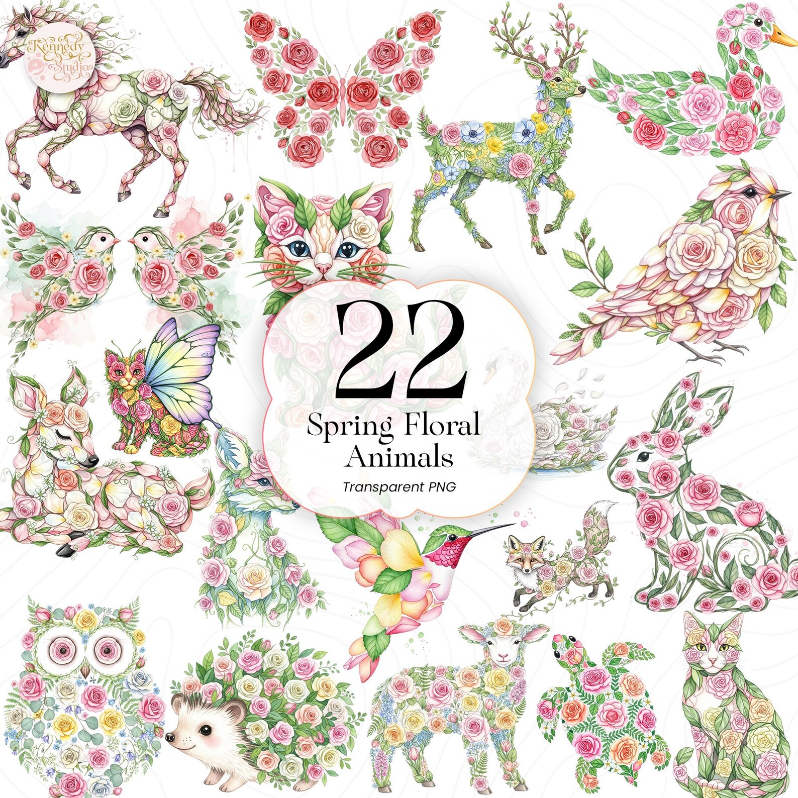 Spring Floral Animals PNG Clipart Bundle Cute Watercolor Spring Nature ...