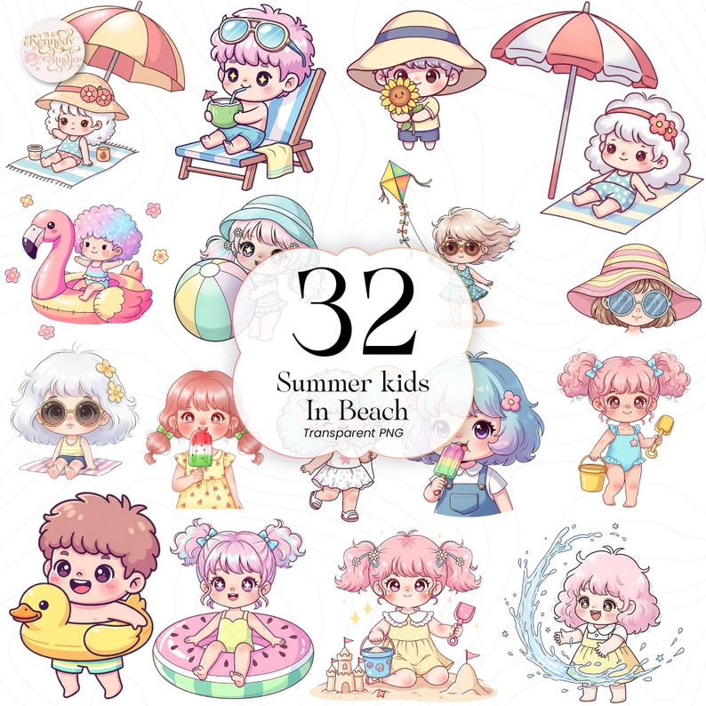 Summer Kids Beach Clipart PNG Bundle, Watercolor Tropical Vacation ...