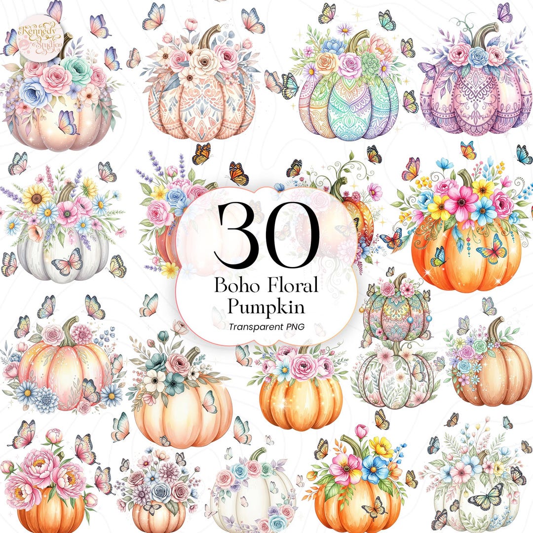 Boho Floral Pumpkin PNG Clipart, Watercolor Transparent Design, Fall ...