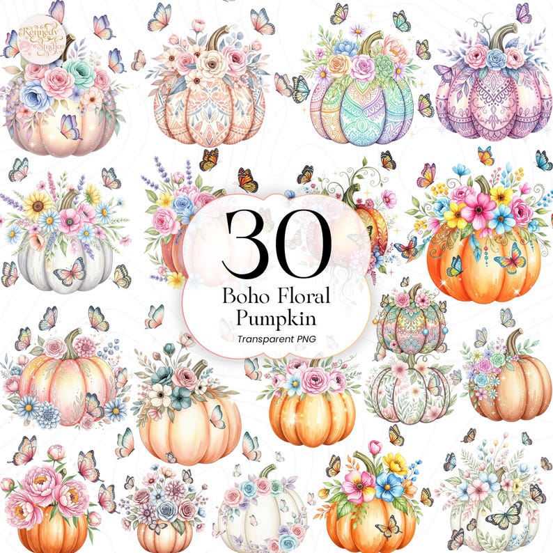 Boho Floral Pumpkin PNG Clipart, Watercolor Transparent Design, Fall ...