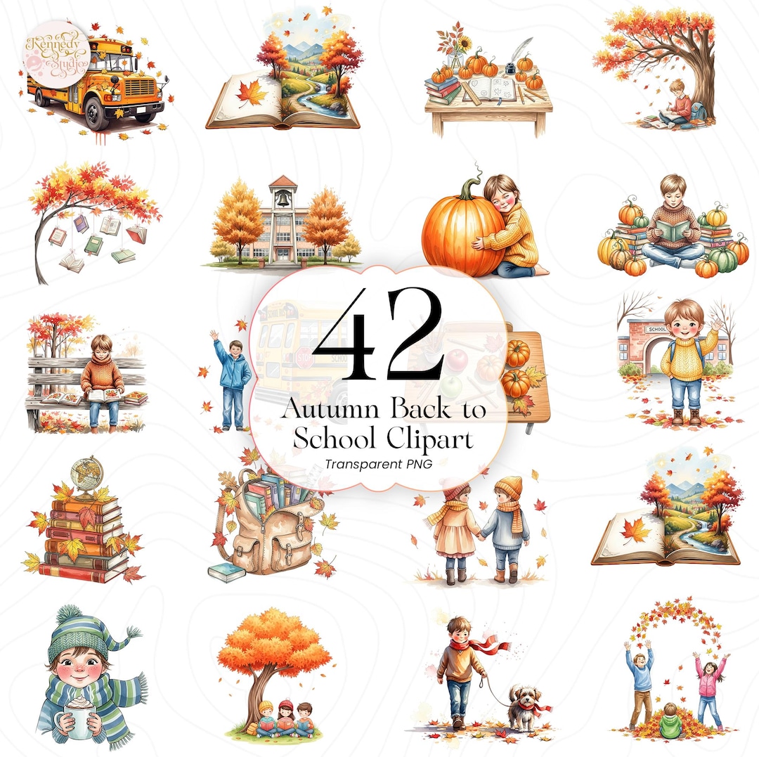 Autumn Back to School Clipart PNG Bundle Watercolor School Supplies ...