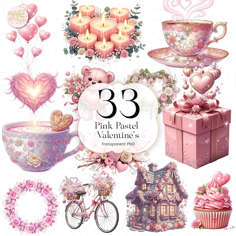 Pink Pastel Valentine PNG Clipart Bundle Cute Hearts Love Illustration ...